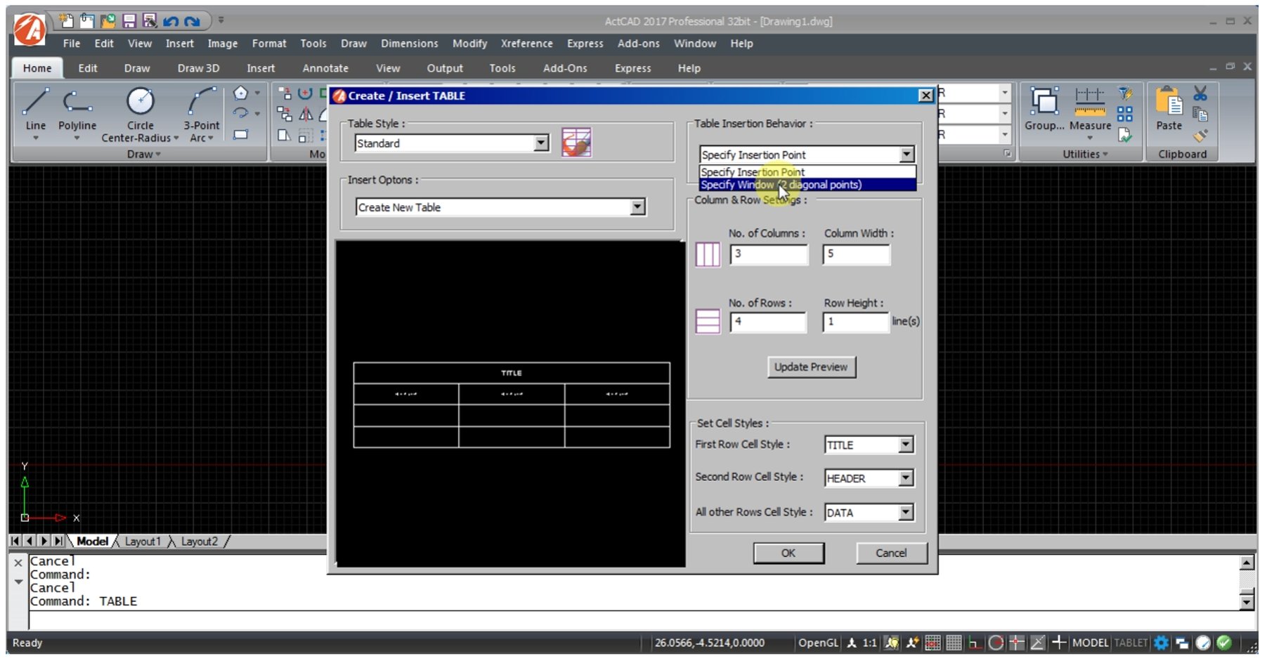Create and Edit Tables in ActCAD 2017